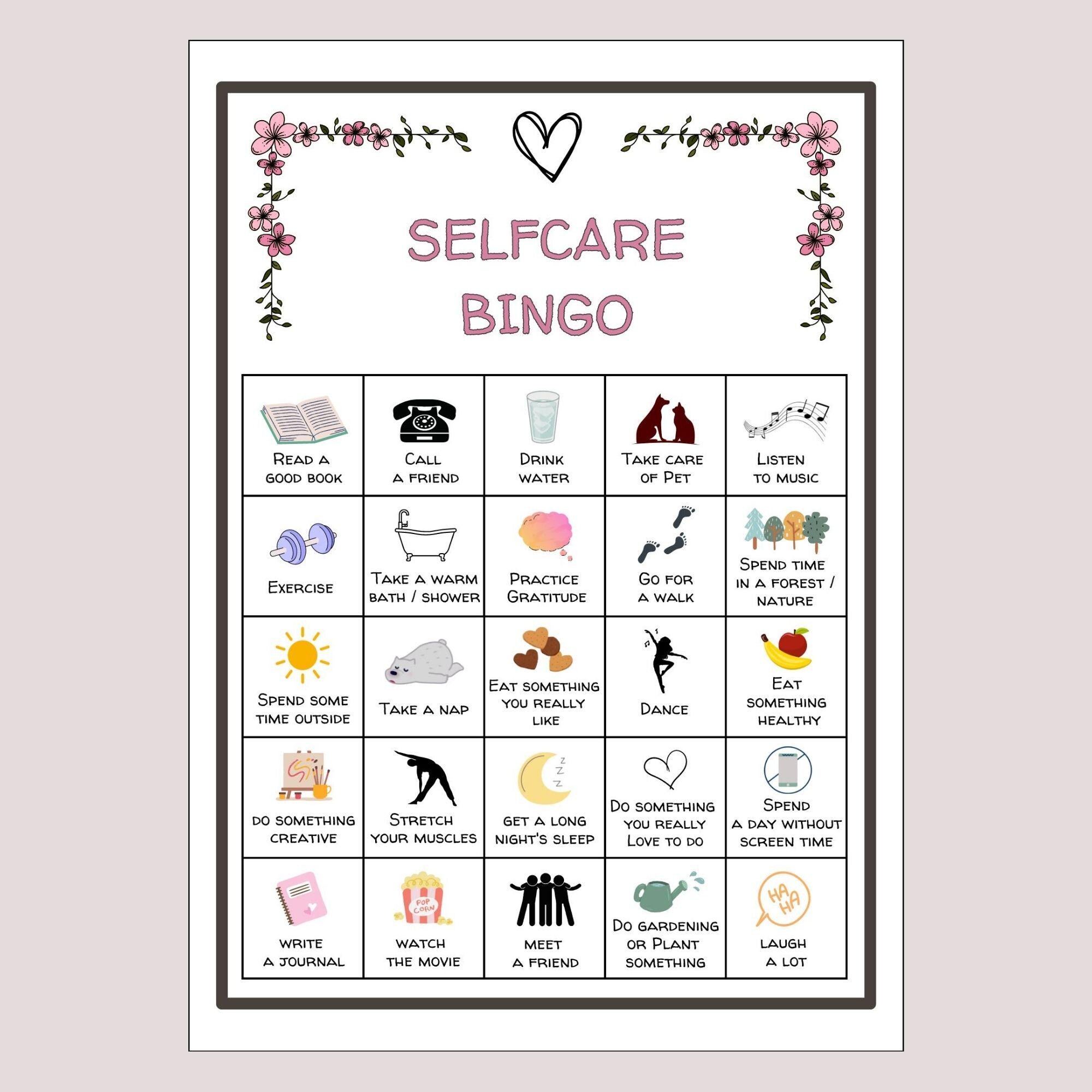 5x5 Self Care Bingo Game – 1 Printable Self Care Bingo Card – Self Care ...