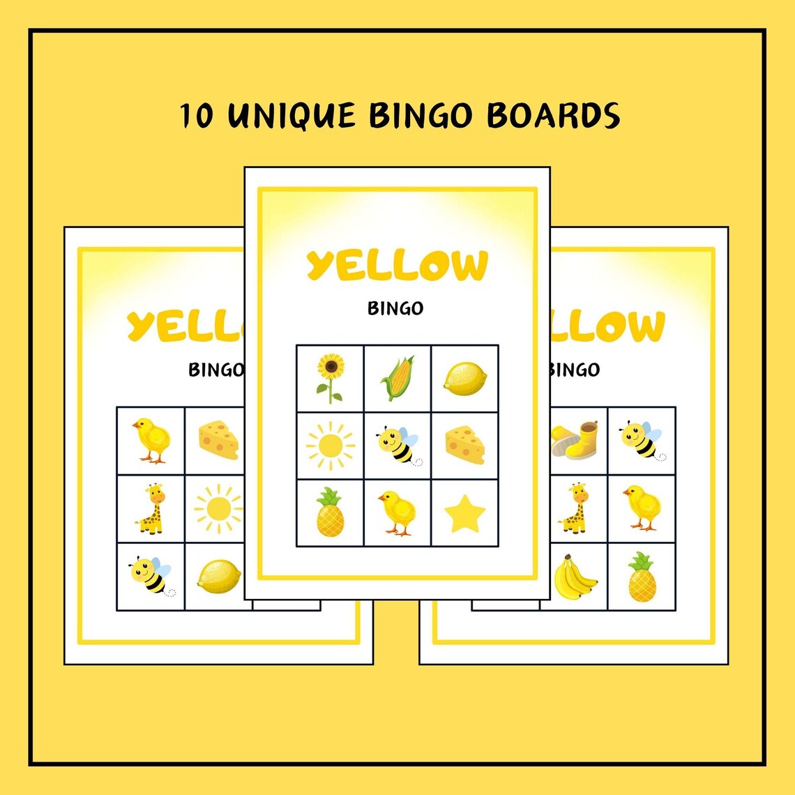 3x3 Color Yellow Bingo Game for Toddlers – 10 Printable Bingo Cards ...
