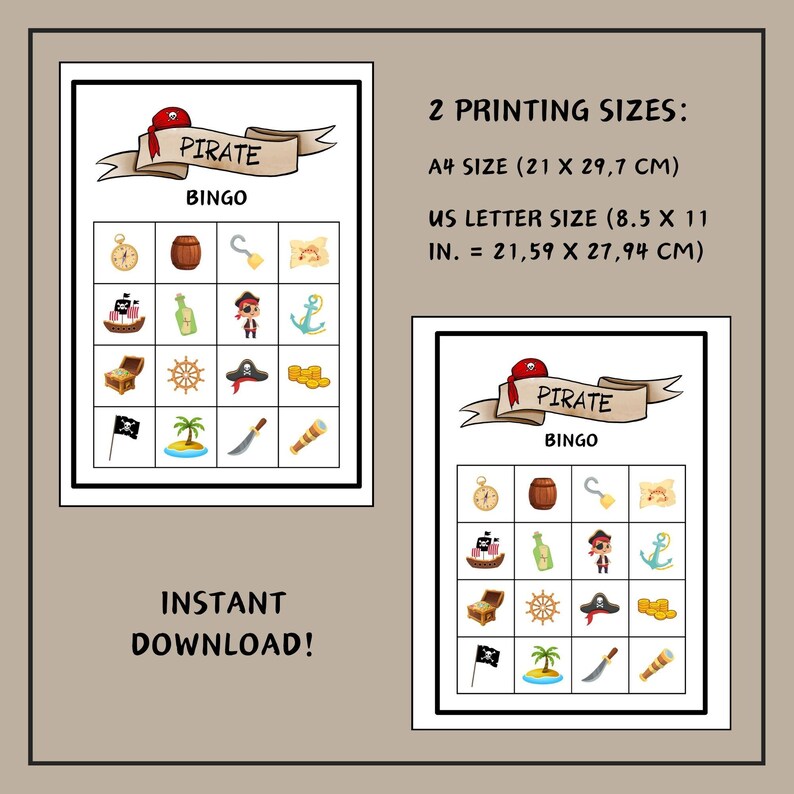 Pirate Bingo Game 4x4 Printable Pirate Bingo Pirate Themed Birthday ...