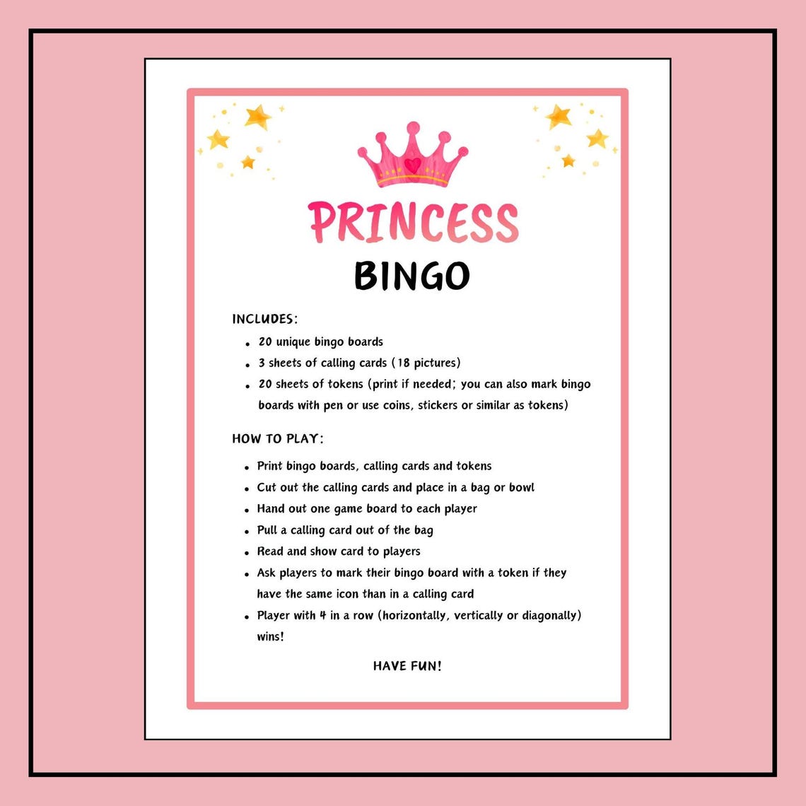 Princess Bingo Game – 4x4 – 20 Printable Princess Bingo Cards ...