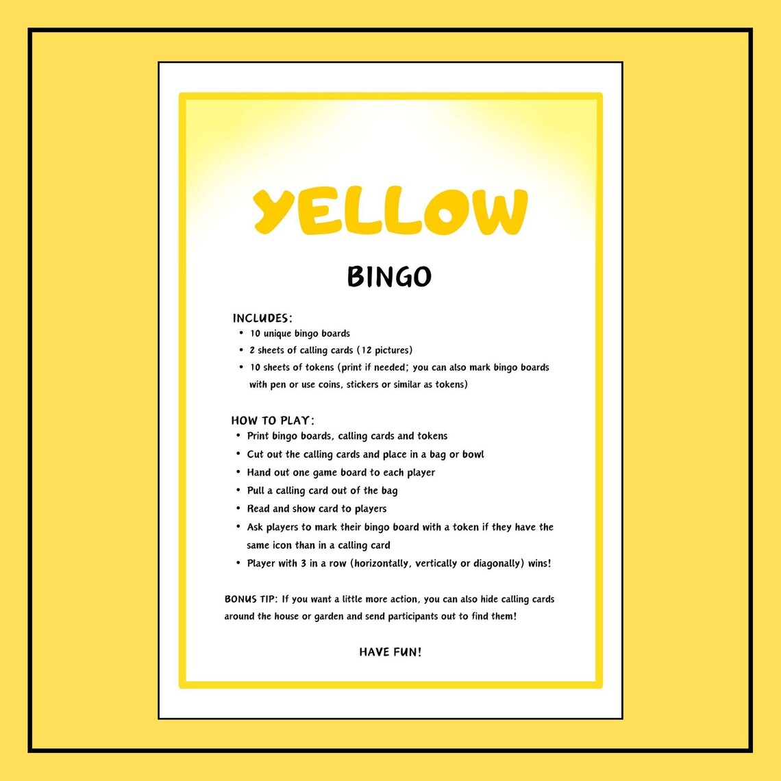 3x3 Color Yellow Bingo Game for Toddlers – 10 Printable Bingo Cards ...