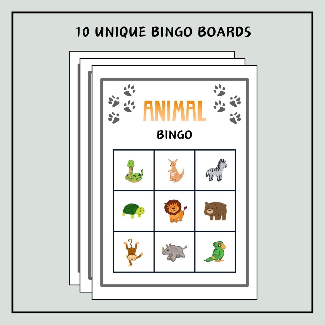 Animal Bingo Game for Toddlers – 3x3 – 10 Animal Bingo Cards – Wild ...