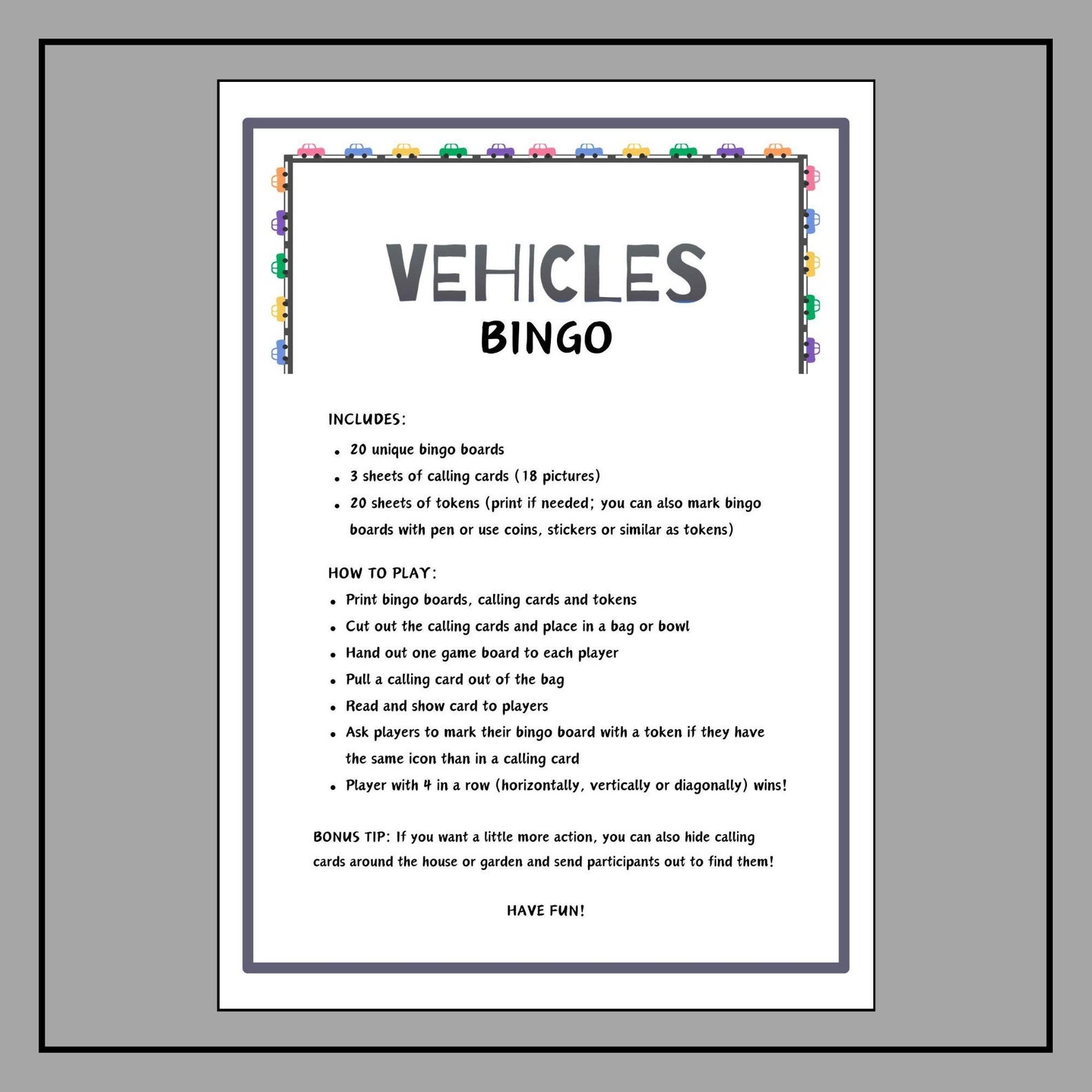 4x4 Vehicles Bingo Game / Cars Bingo Game – 20 Car Themed Bingo Boards ...