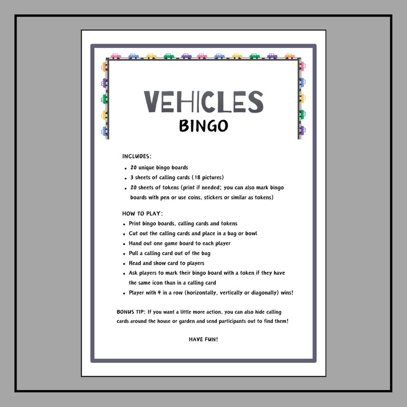 4x4 Vehicles Bingo Game / Cars Bingo Game – 20 Car Themed Bingo Boards ...
