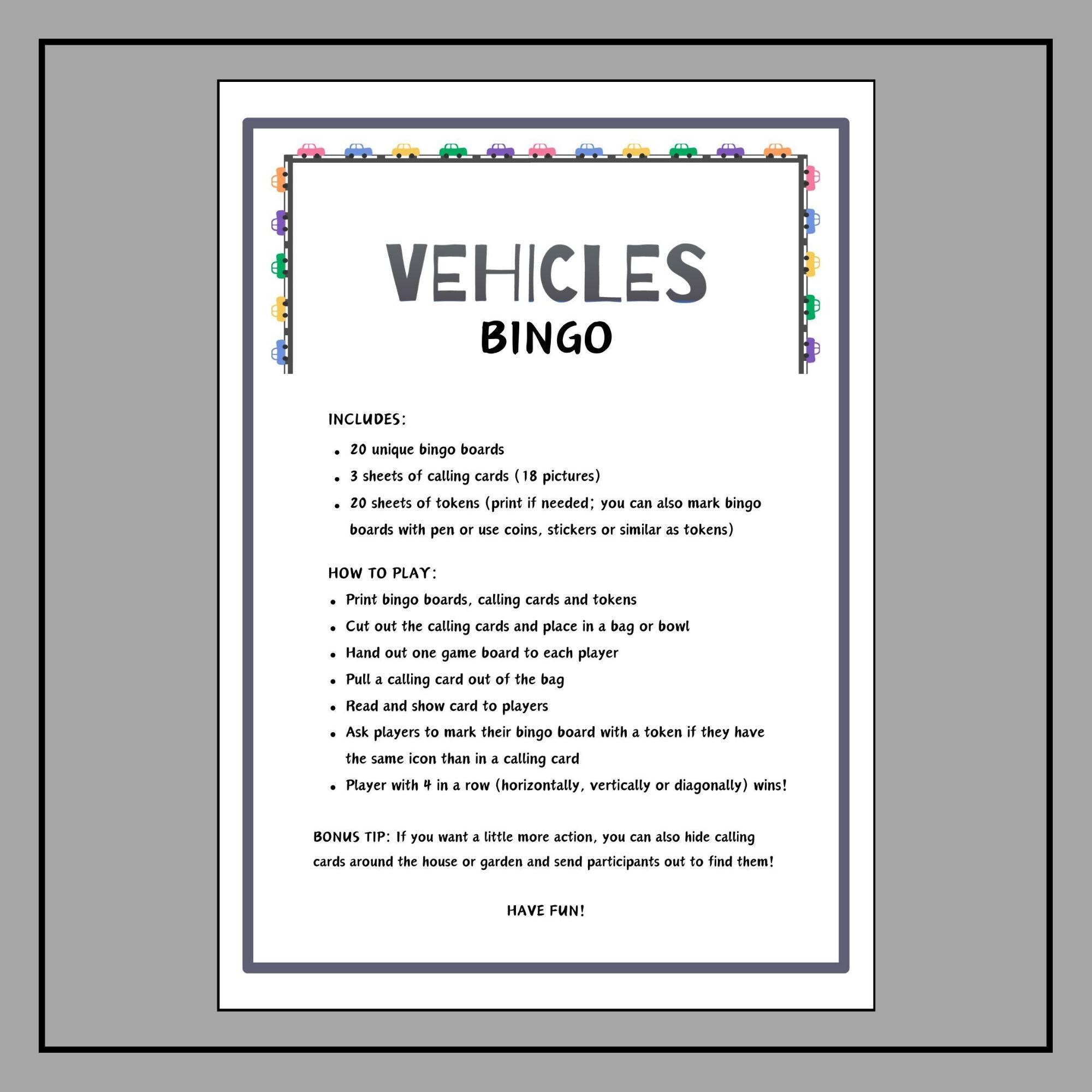 4x4 Vehicles Bingo Game / Cars Bingo Game – 20 Car Themed Bingo Boards ...