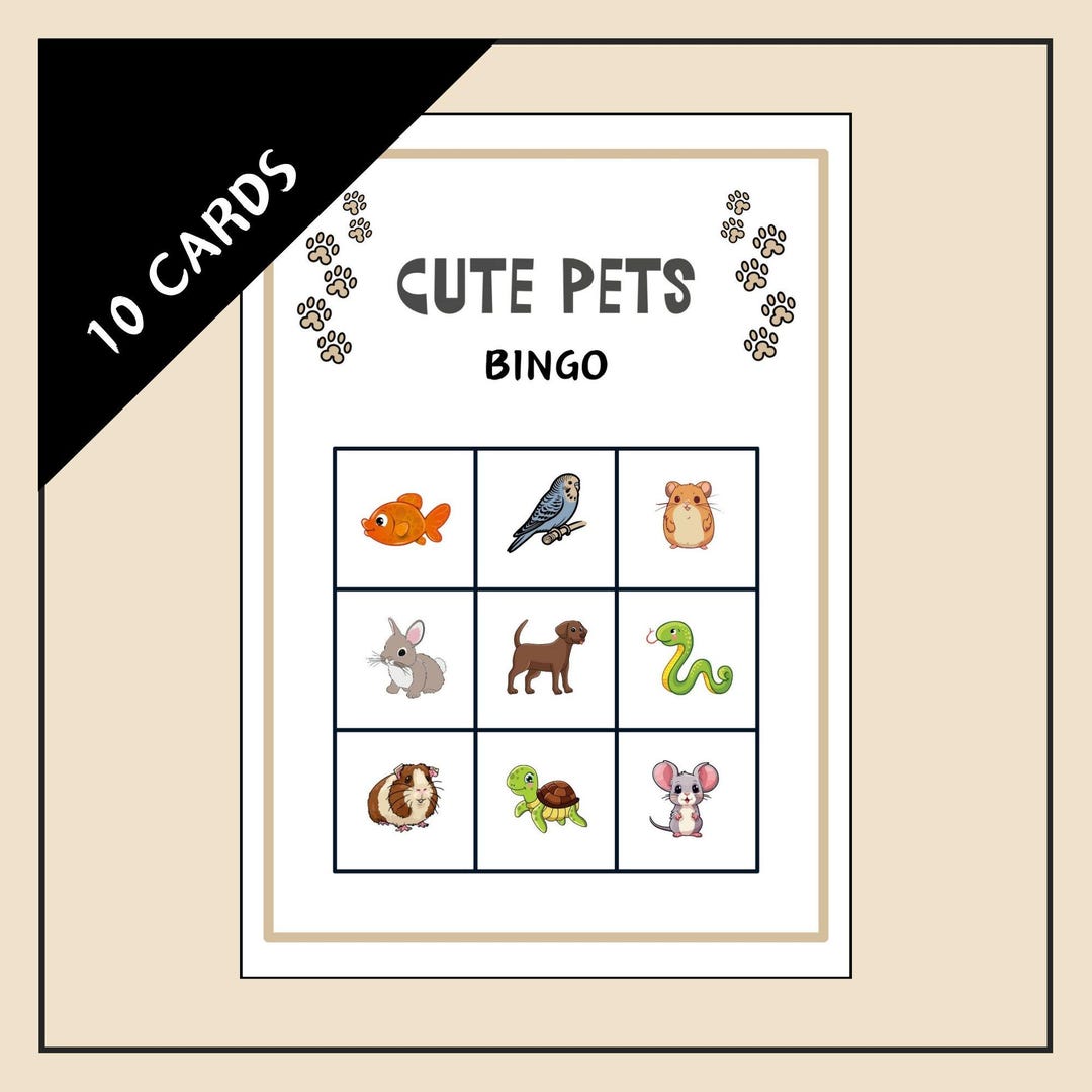 3x3 Cute Pets Bingo Game for Toddlers – 10 Pets Bingo Cards – Printable ...