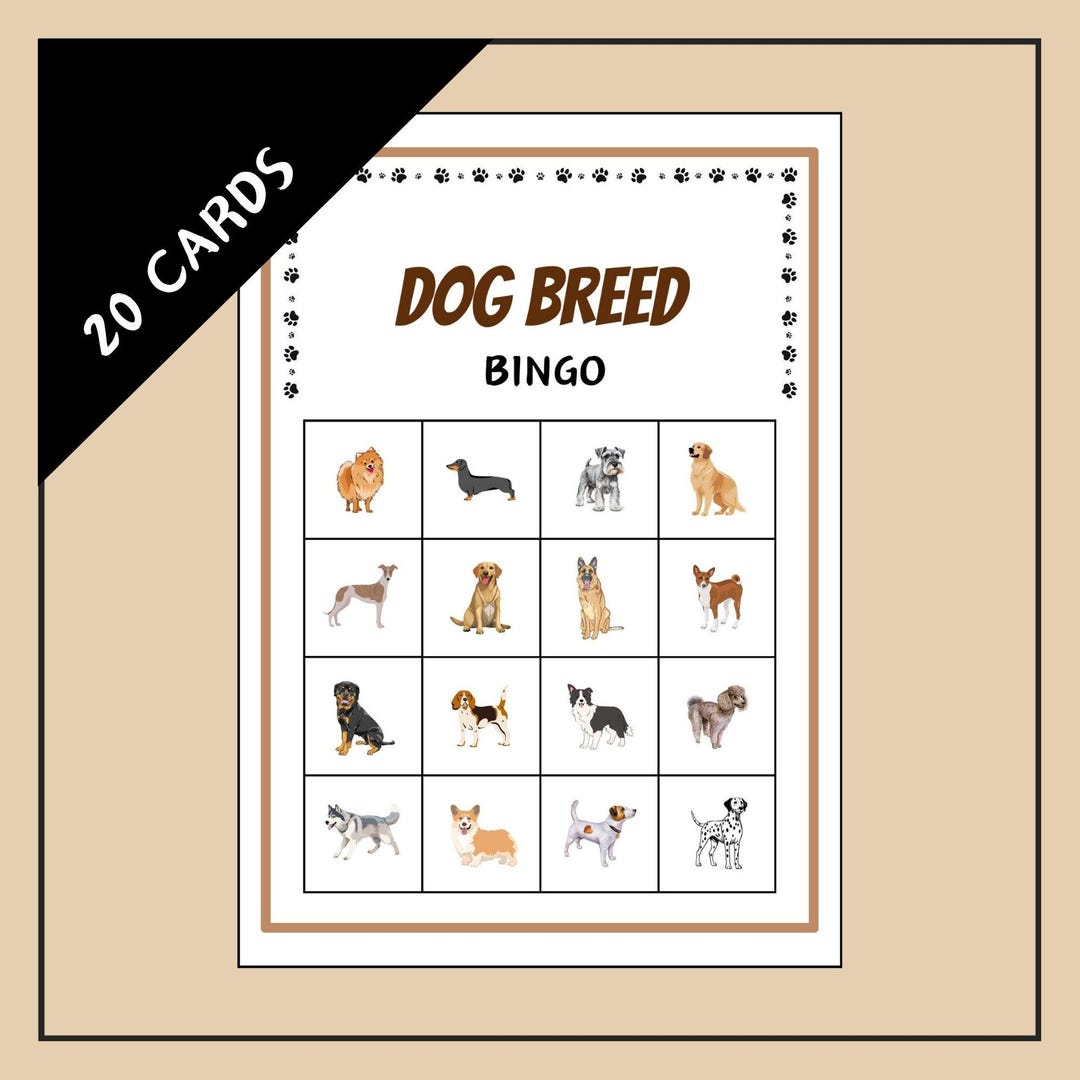 4x4 Dog Breed Bingo Game – 20 Printable Bingo Cards – Dogs Bingo – Dog ...