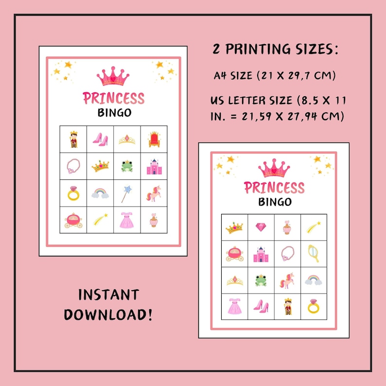 Princess Bingo Game – 4x4 – 20 Printable Princess Bingo Cards ...