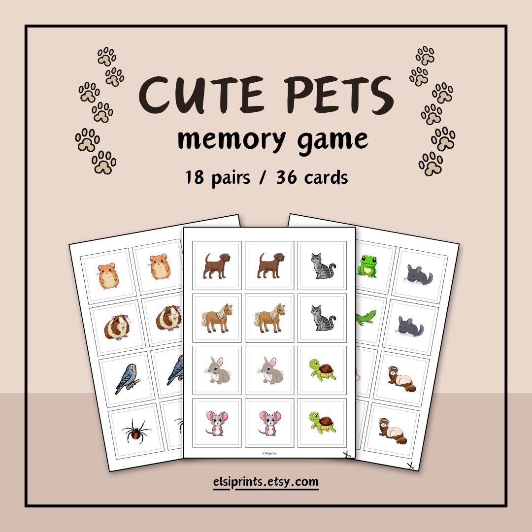 CUTE PETS Memory Game – 18 Matching Pairs / 36 Cards – Printable Kids ...