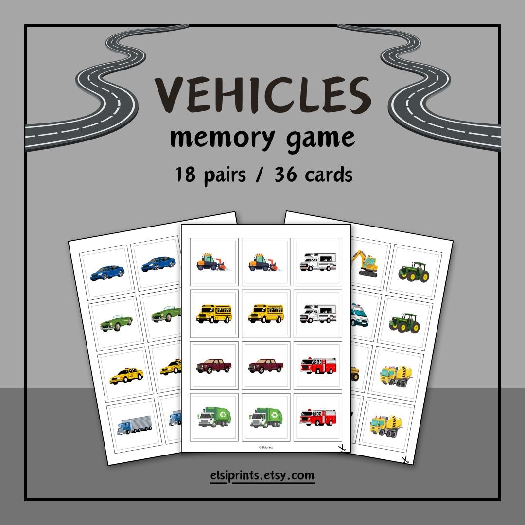 VEHICLES Memory Game – 18 Matching Pairs / 36 Cards – Cars – Printable ...
