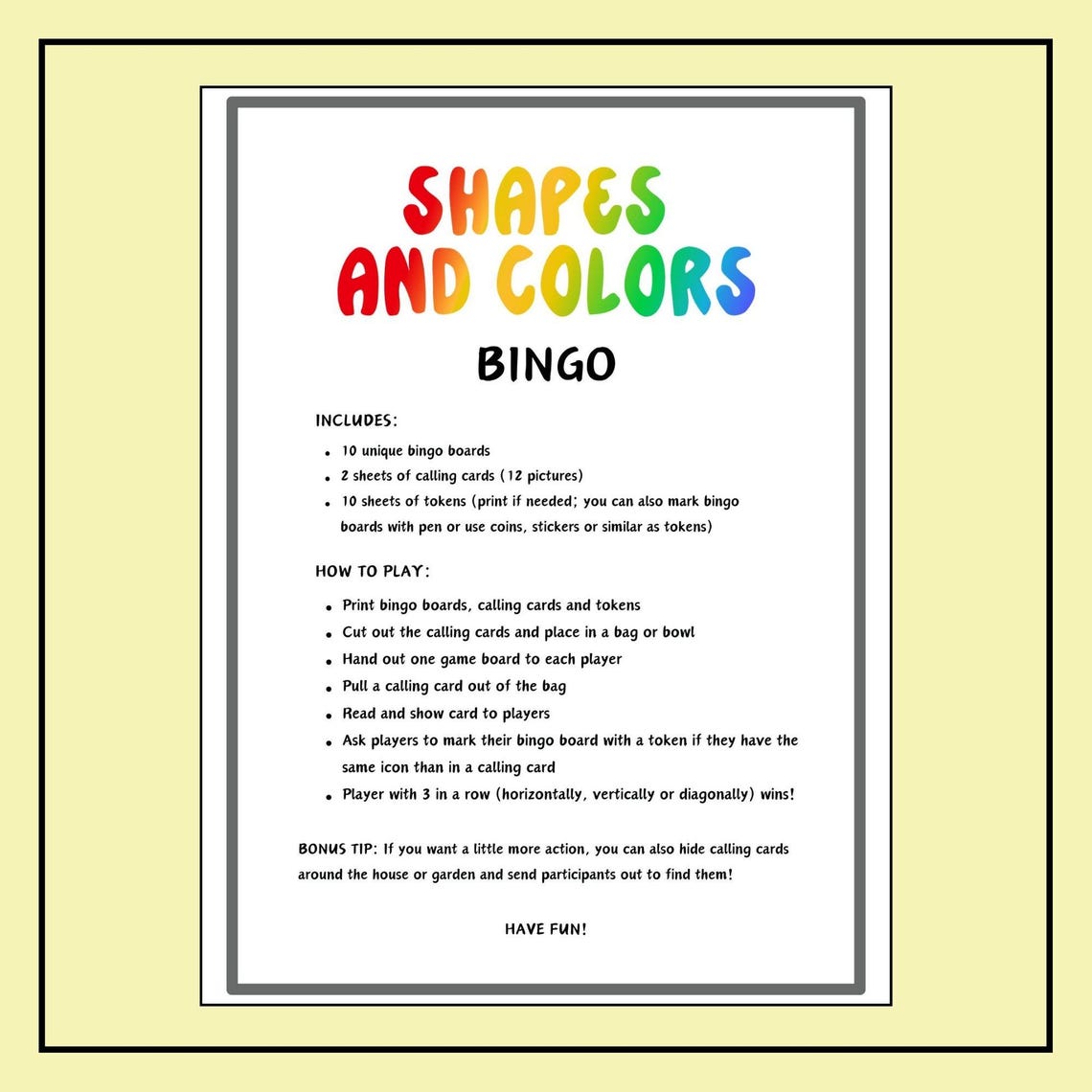 Shapes & Colors Bingo Game for Toddlers – 3x3 – 10 Printable Bingo ...