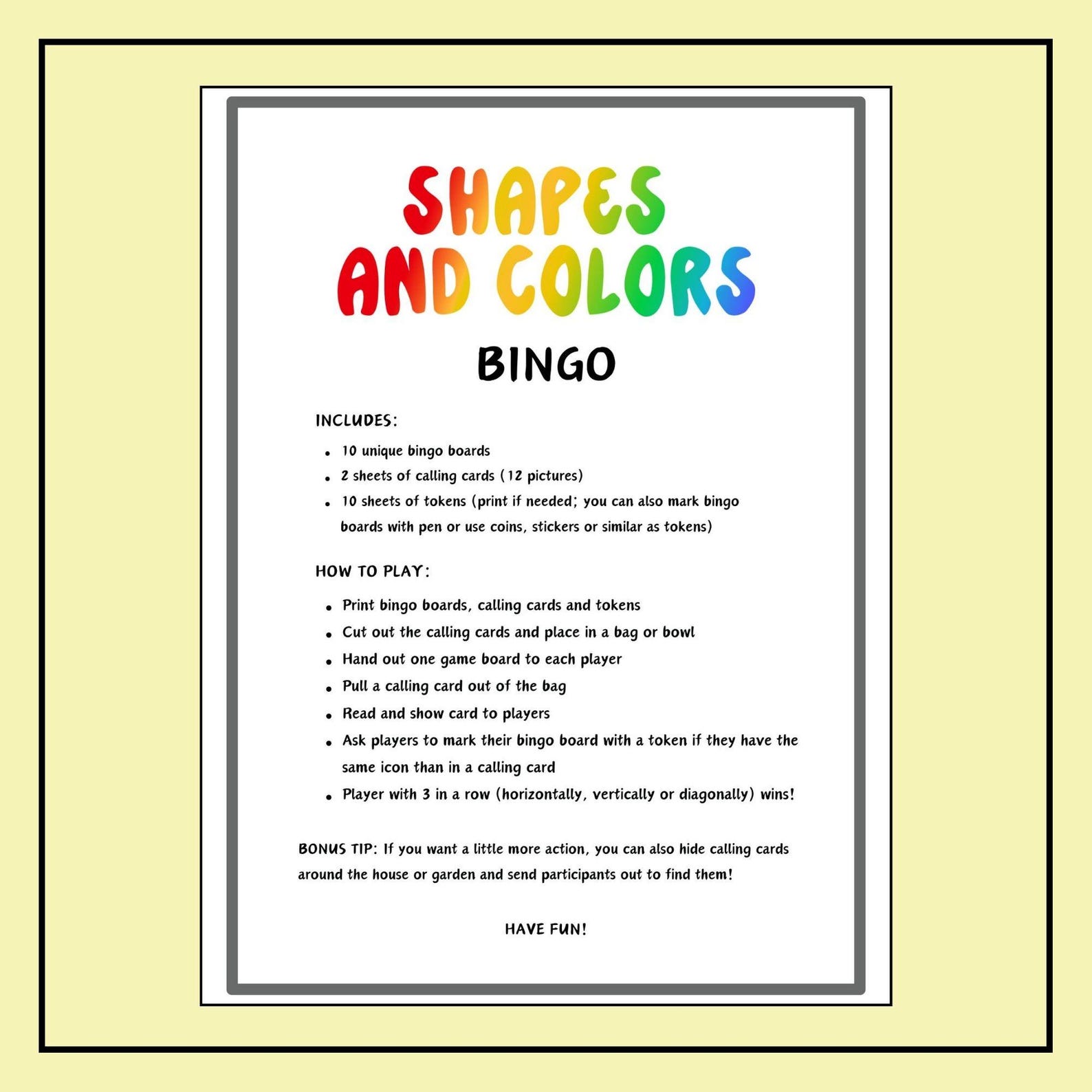 Shapes & Colors Bingo Game for Toddlers – 3x3 – 10 Printable Bingo ...