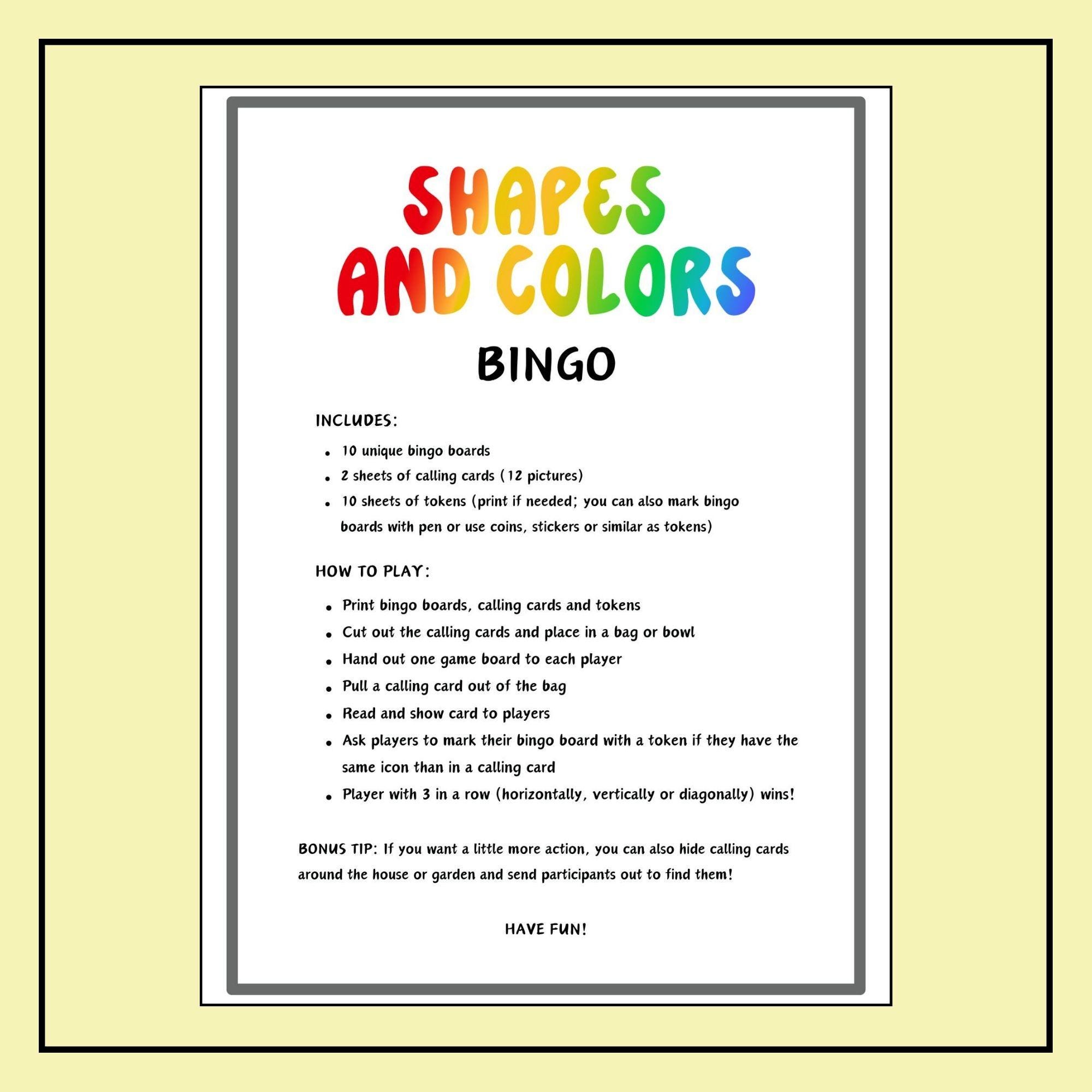 Shapes & Colors Bingo Game for Toddlers – 3x3 – 10 Printable Bingo ...