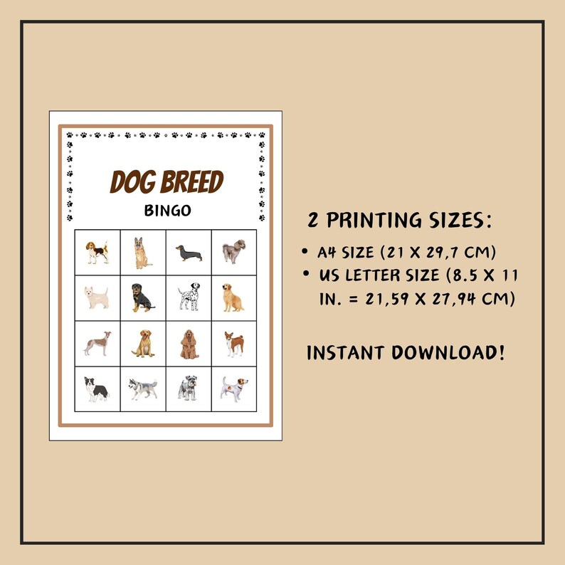 4x4 Dog Breed Bingo Game – 20 Printable Bingo Cards – Dogs Bingo – Dog ...