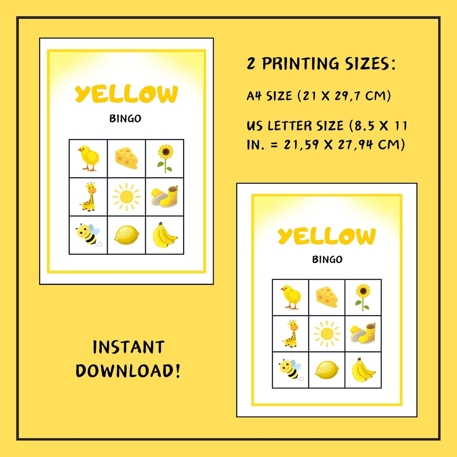 3x3 Color Yellow Bingo Game for Toddlers – 10 Printable Bingo Cards ...