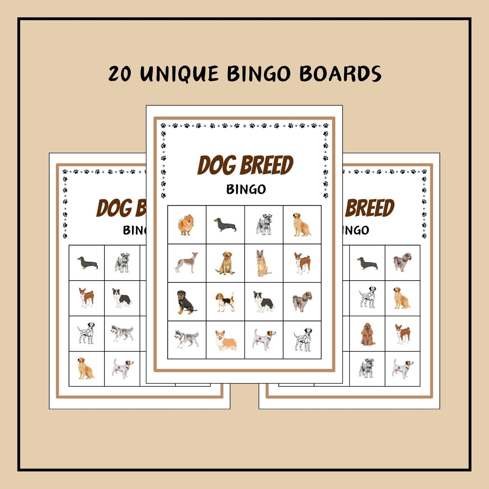 4x4 Dog Breed Bingo Game – 20 Printable Bingo Cards – Dogs Bingo – Dog ...