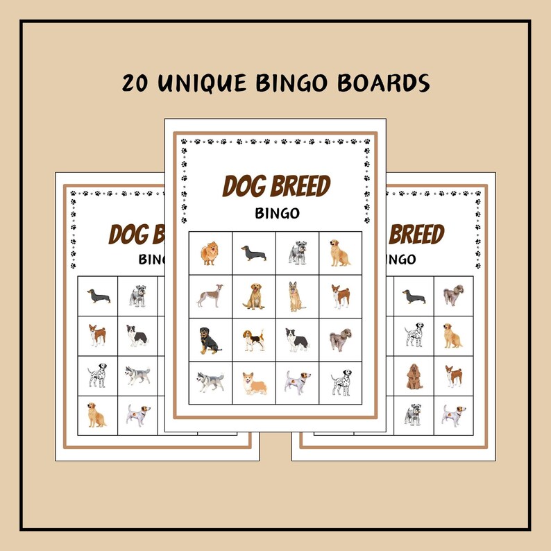 4x4 Dog Breed Bingo Game – 20 Printable Bingo Cards – Dogs Bingo – Dog ...