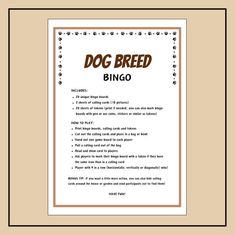4x4 Dog Breed Bingo Game – 20 Printable Bingo Cards – Dogs Bingo – Dog ...