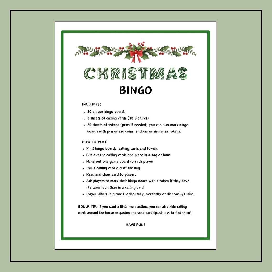 4x4 Christmas Bingo Game – Printable Christmas Bingo – Christmas ...