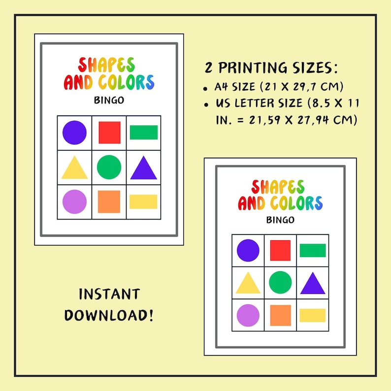 Shapes & Colors Bingo Game for Toddlers – 3x3 – 10 Printable Bingo ...