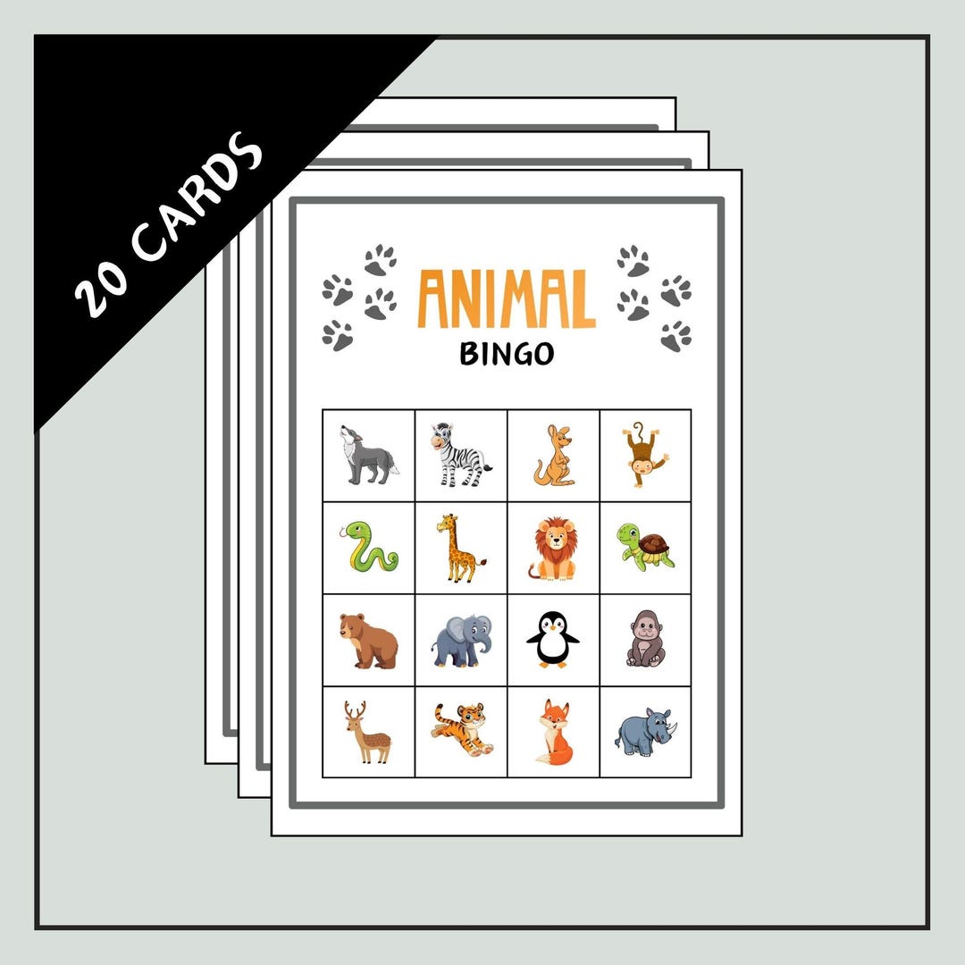 ANIMAL Bingo Game – 4x4 – 20 Printable Animal Bingo Cards – Wild ...
