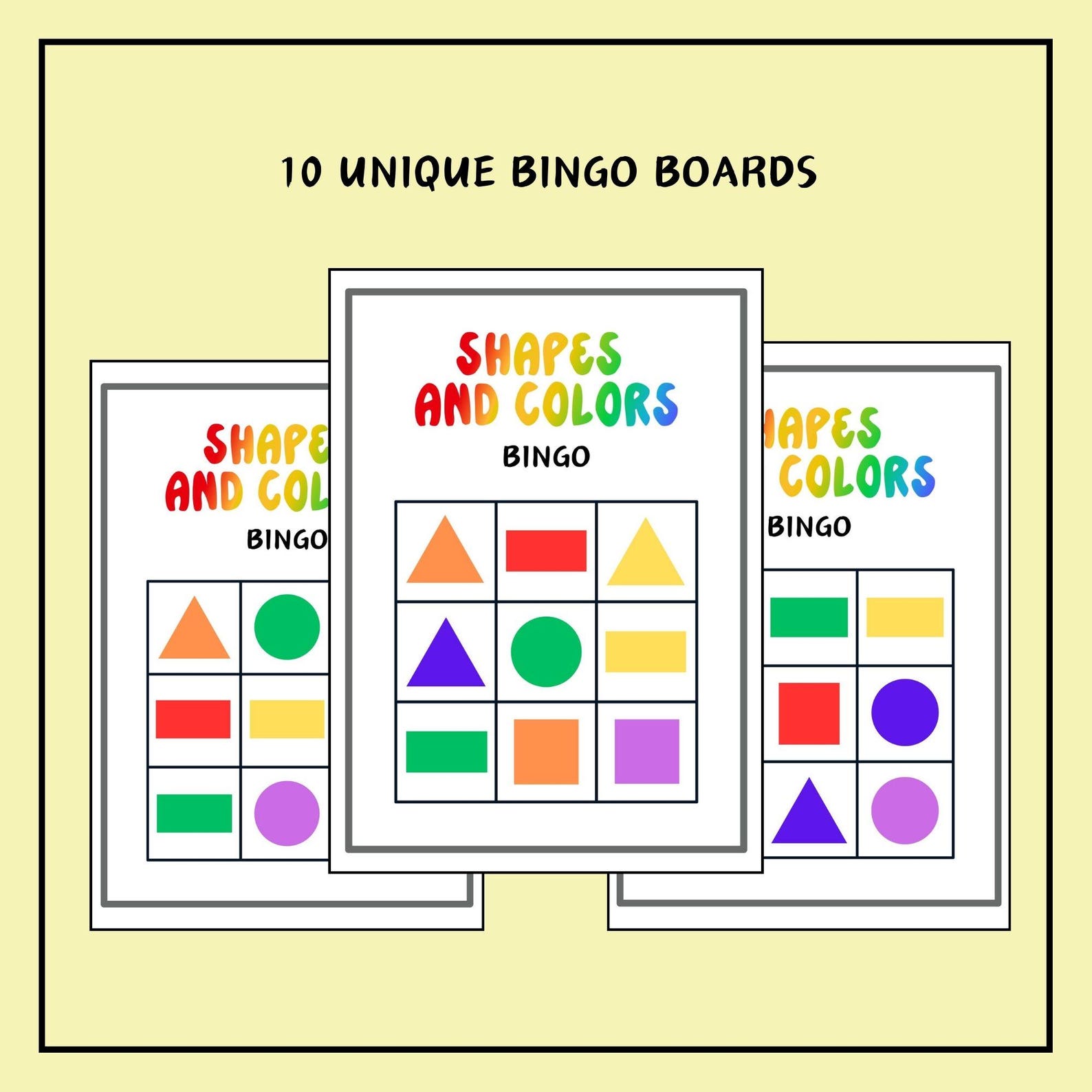 Shapes & Colors Bingo Game for Toddlers – 3x3 – 10 Printable Bingo ...