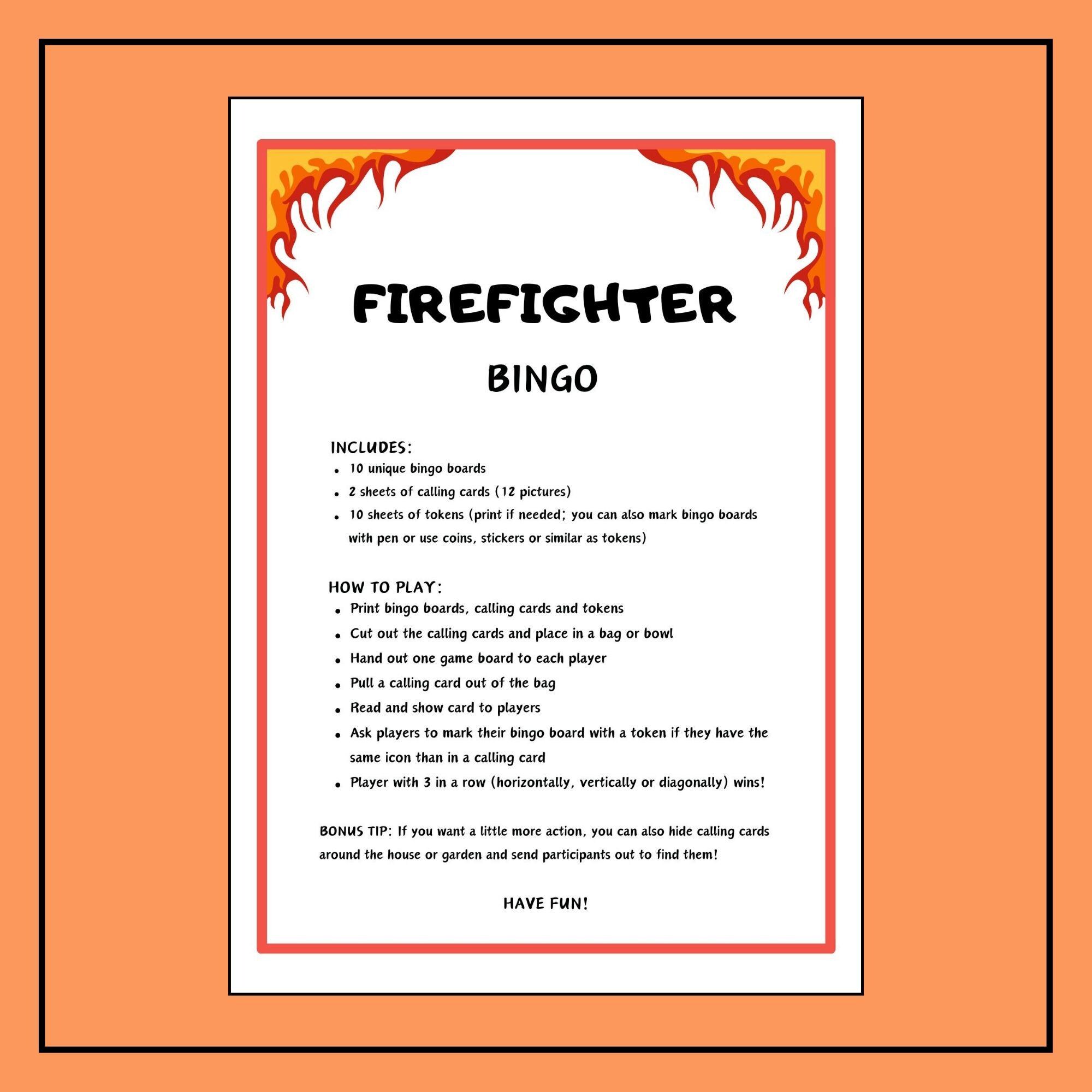 Firefighter Bingo Game – 3x3 – 10 Bingo Cards – Fireman Bingo – Fire ...