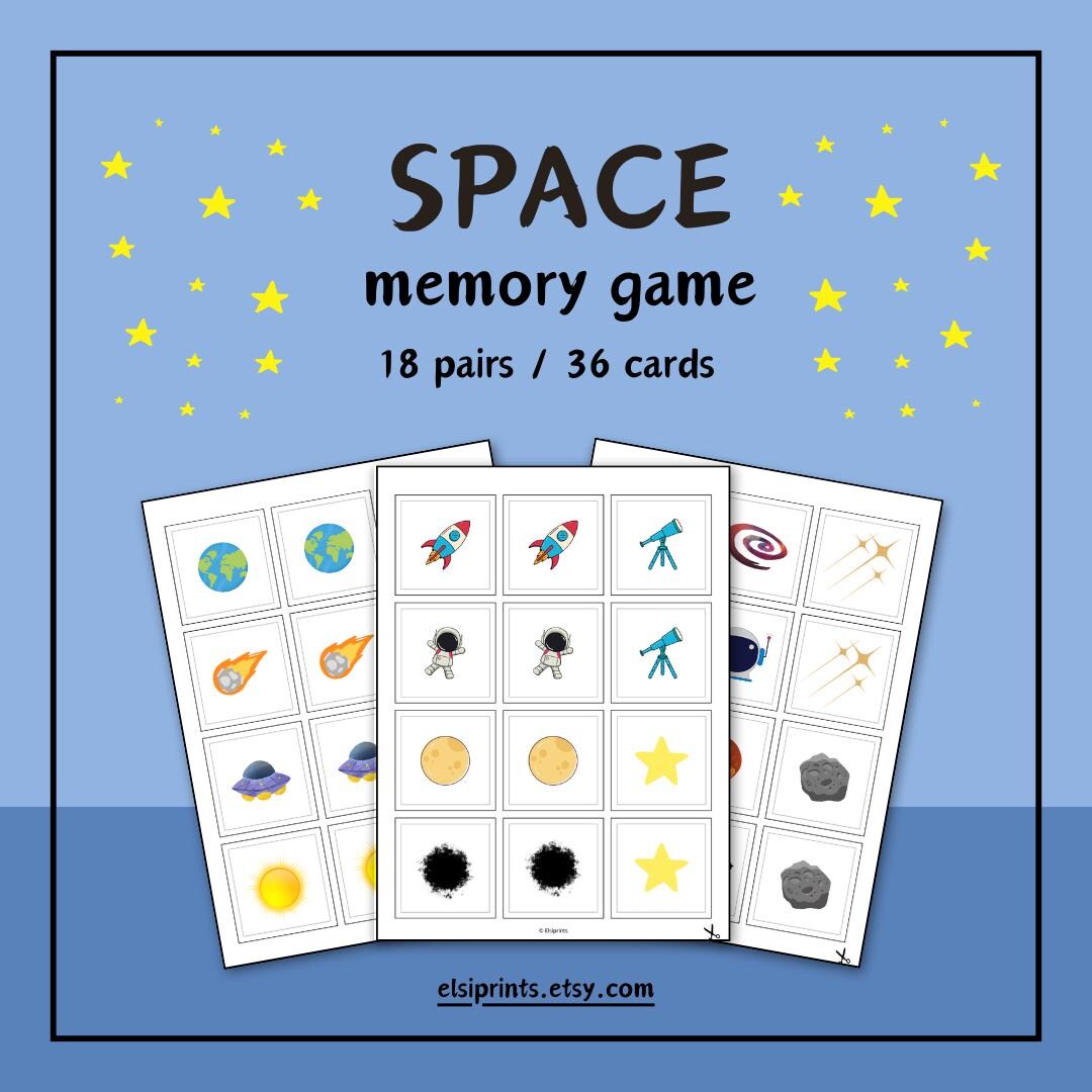 SPACE Memory Game – 18 Matching Pairs / 36 Cards – Printable Activity ...