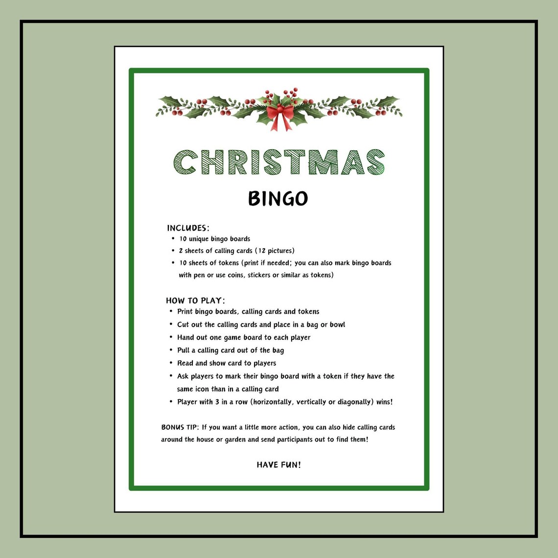 3x3 Christmas Bingo Game for Toddlers – 10 Printable Christmas Bingo ...