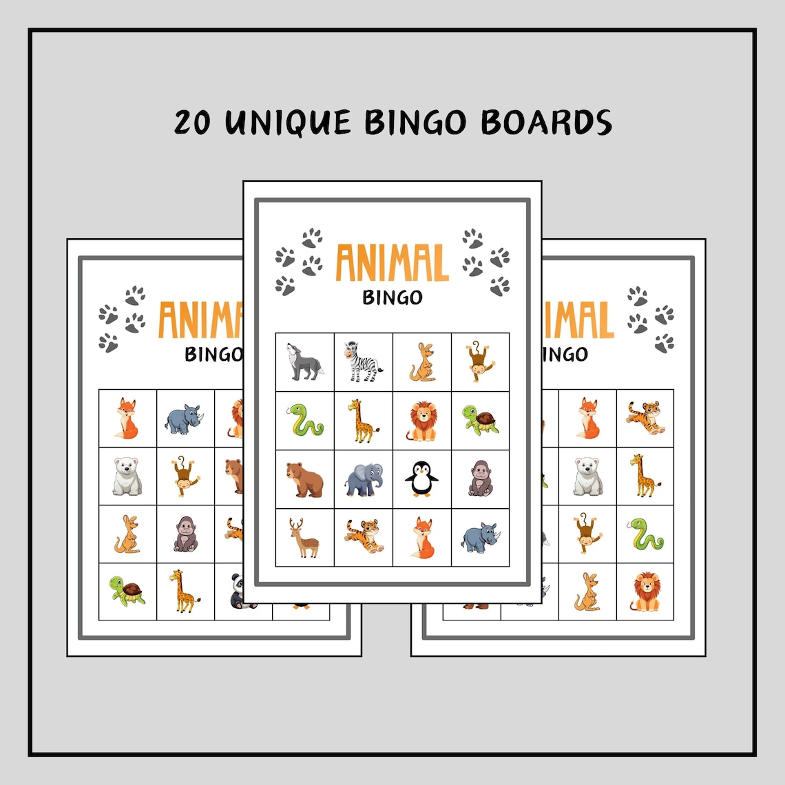 4x4 Animal Bingo Game – 20 Printable Animal Bingo Cards – Wild Animals ...