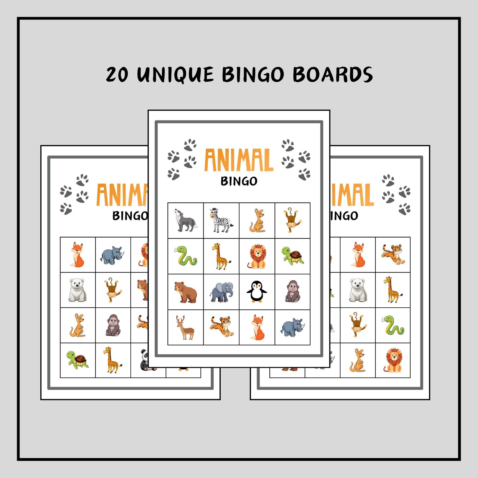 4x4 Animal Bingo Game – 20 Printable Animal Bingo Cards – Wild Animals ...