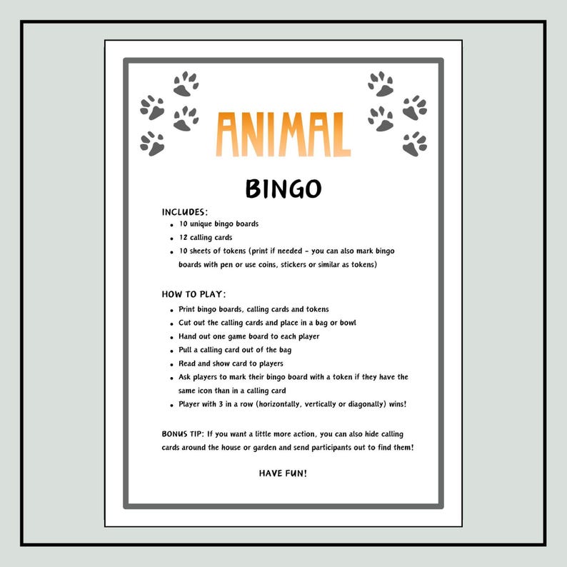 Animal Bingo Game for Toddlers – 3x3 – 10 Animal Bingo Cards – Wild ...
