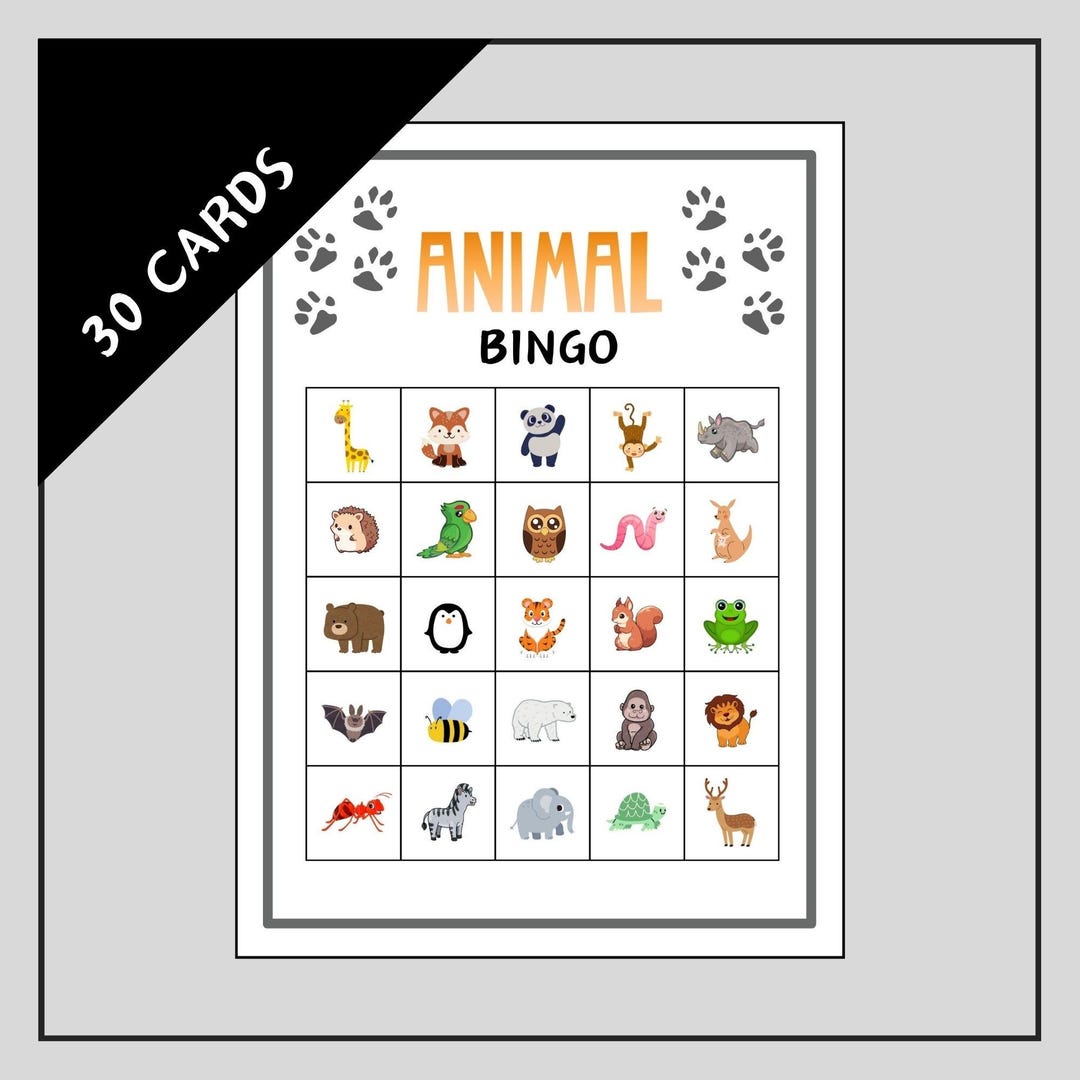 5x5 Animal Bingo Game – 30 Printable Animal Bingo Cards – Wild Animals ...