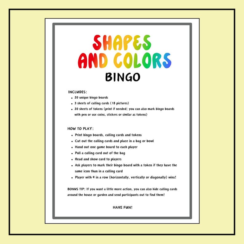 4x4 Shapes & Colors Bingo Game – 20 Printable Bingo Boards – Shapes ...