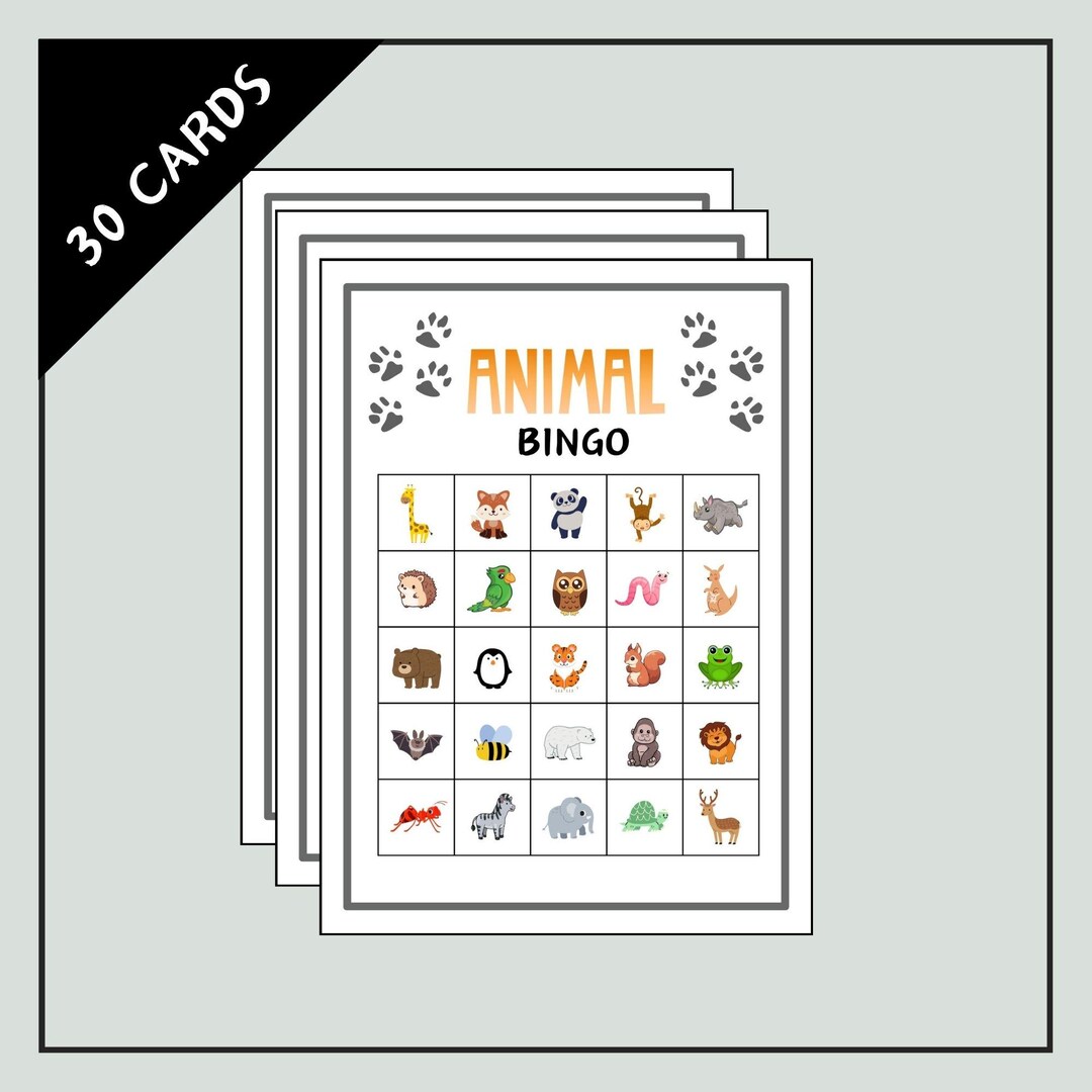 Animal Bingo Game – 5x5 – 30 Printable Animal Bingo Cards – Wild ...