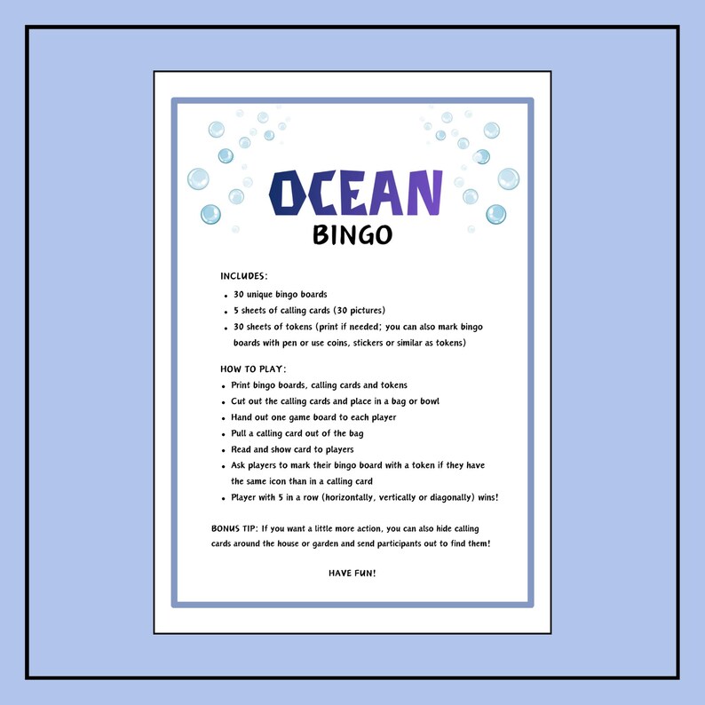 OCEAN Bingo Game – 5x5 – 30 Ocean Bingo Cards – Printable Under the Sea ...