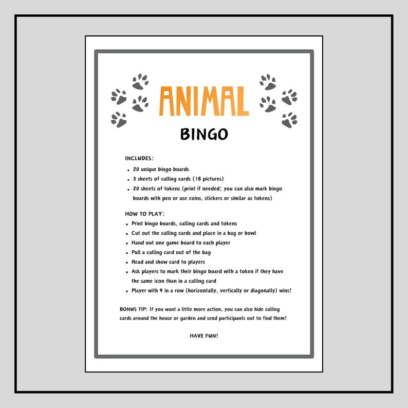 4x4 Animal Bingo Game – 20 Printable Animal Bingo Cards – Wild Animals ...