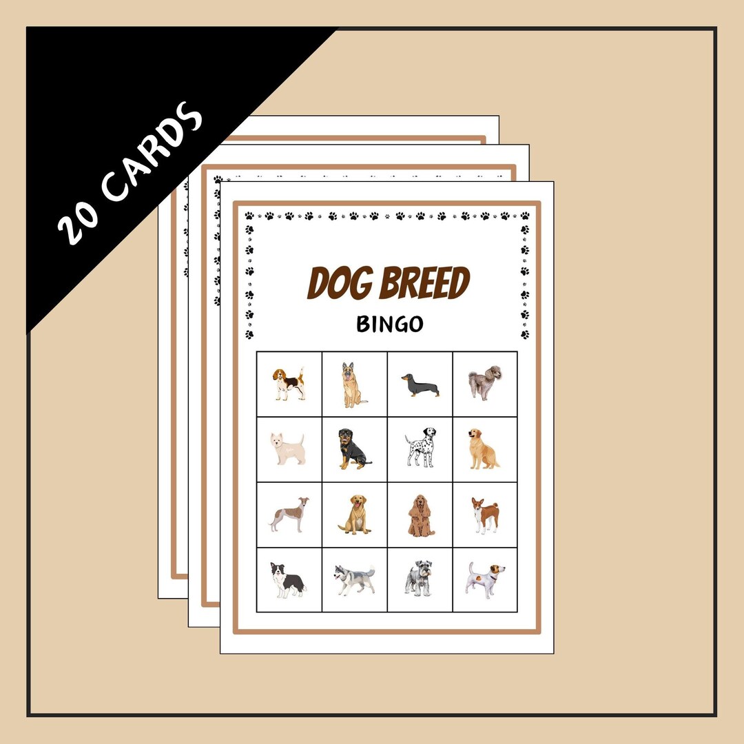 Dog Breed Bingo Game – 4x4 – 20 Printable Bingo Cards – Dogs Bingo ...