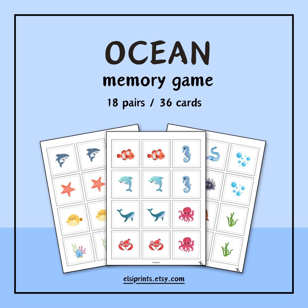 18 Pairs / 36 Cards Ocean Memory Game – Matching Pairs – Under the Sea ...