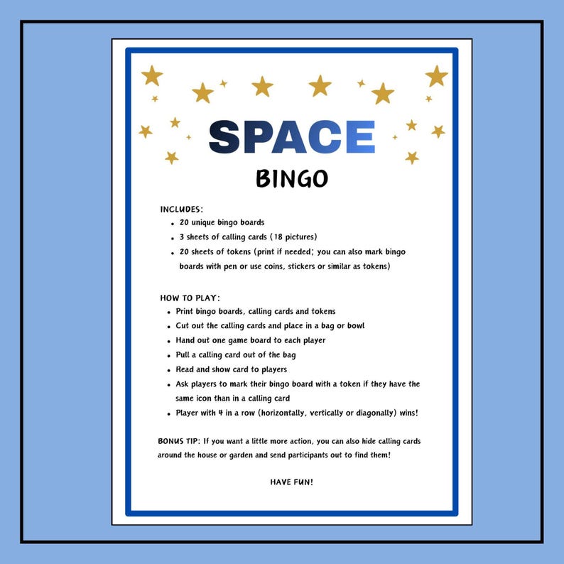 4x4 Space Bingo Game – 20 Space Bingo Cards – Outer Space Bingo – Solar ...