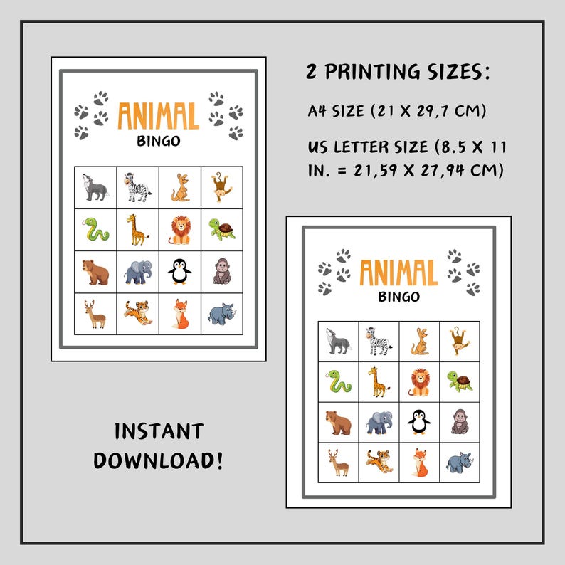 4x4 Animal Bingo Game – 20 Printable Animal Bingo Cards – Wild Animals ...