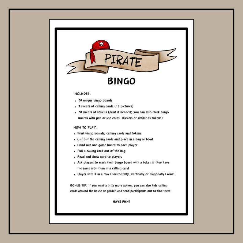 4x4 Pirate Bingo Game – Printable Pirate Bingo – Pirate Themed Birthday ...