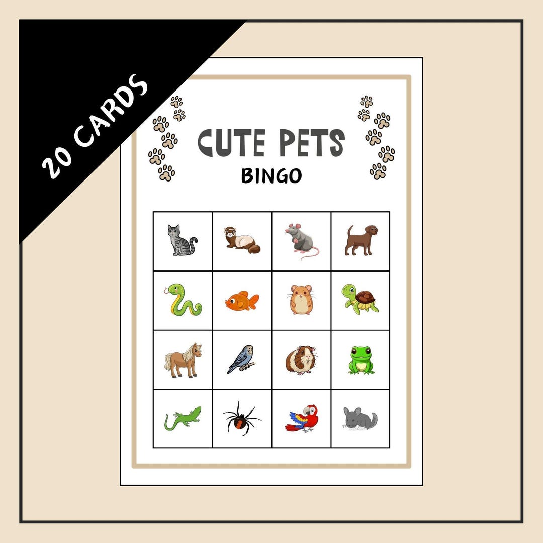 4x4 Cute Pets Bingo Game – 20 Pets Bingo Cards – Printable Animal Game ...