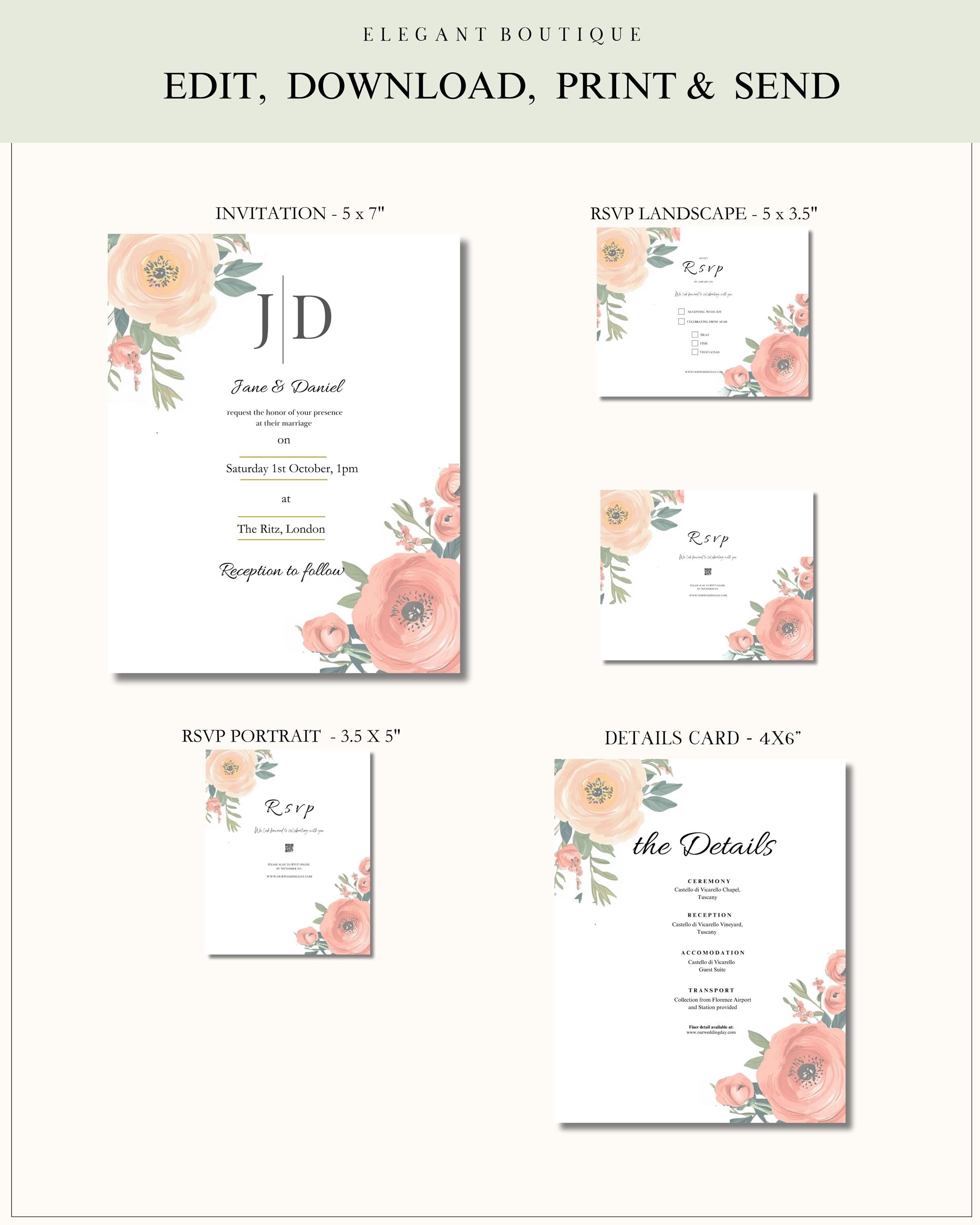 Wedding Invitation Template Set Printable Editable Wedding Invitation ...