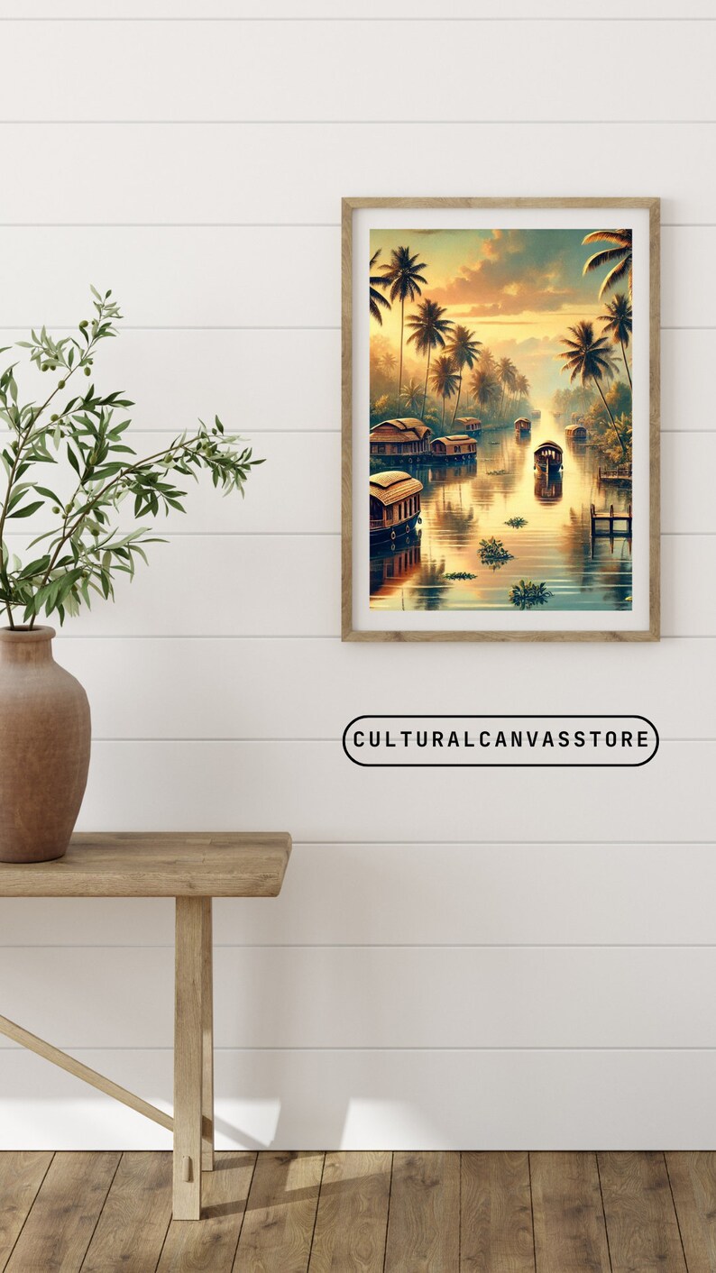 Kerala Backwaters Digital Art Print | Tranquil Houseboats Wall Decor ...