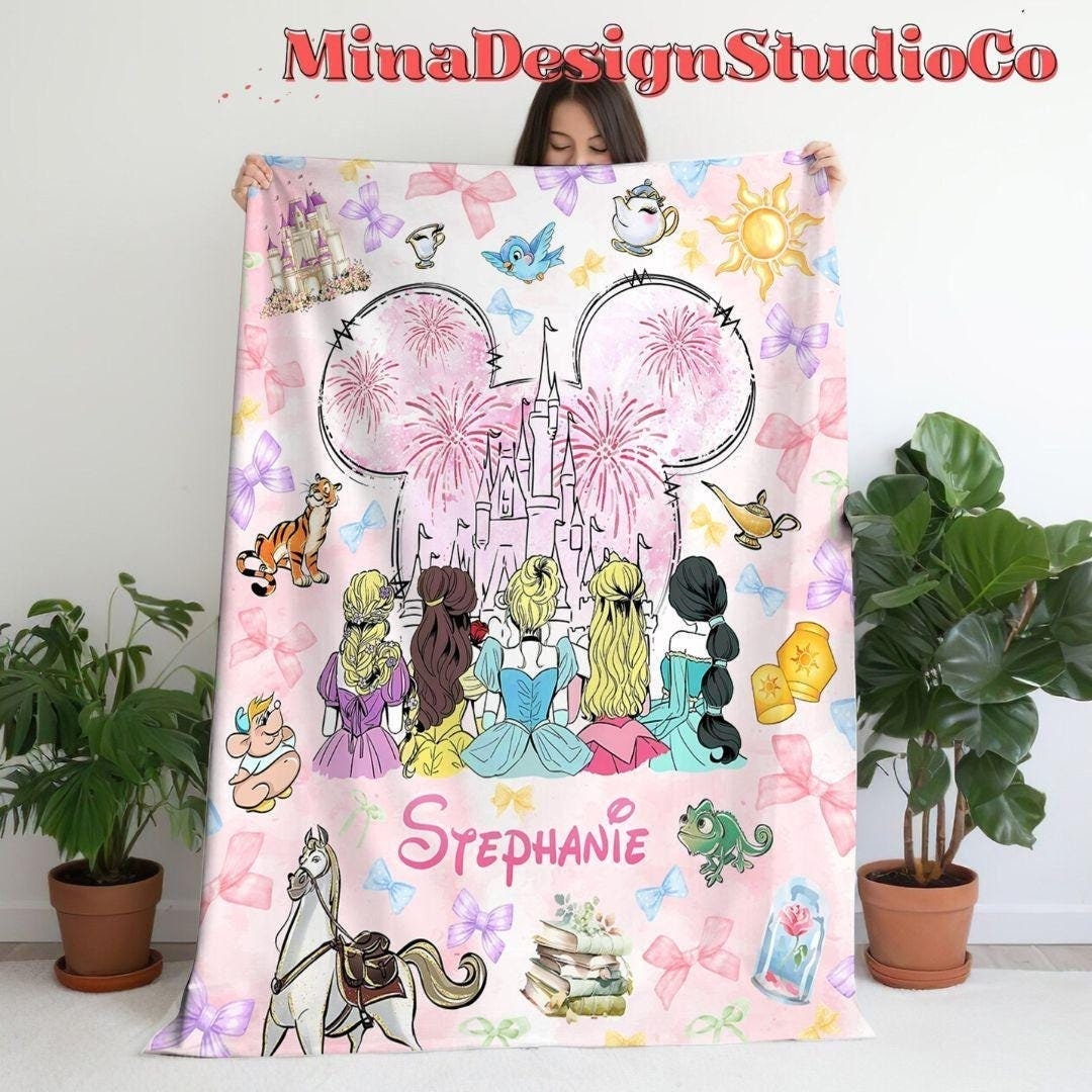 Personalized Coquette Bows Castle Disney Princess Blanket, Watercolor ...