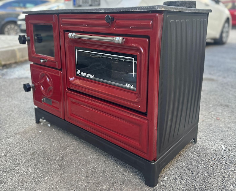 Red Enamel Cast Iron Wood Burning Stove With Oven - Etsy