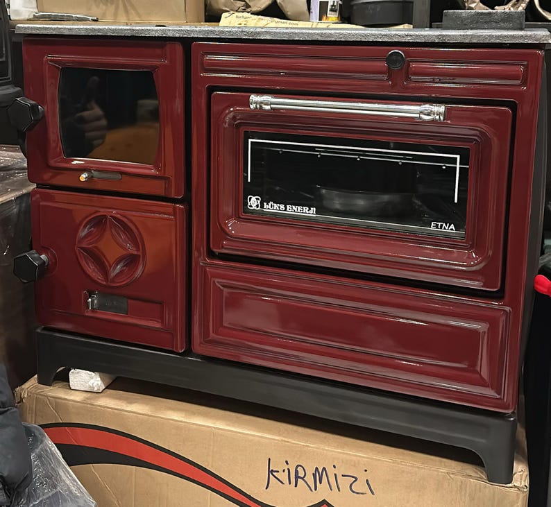 Red Enamel Cast Iron Wood Burning Stove With Oven - Etsy