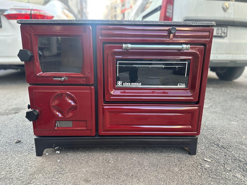 Red Enamel Cast Iron Wood Burning Stove With Oven - Etsy