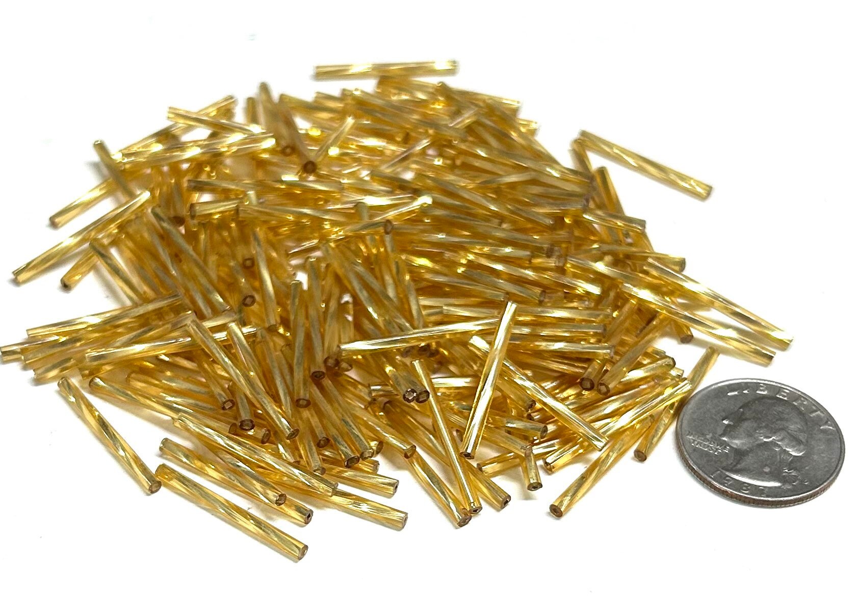 30mm Twisted Bugle Beads - 50 Grams - Gold Lined Bugle Beads - Tube ...